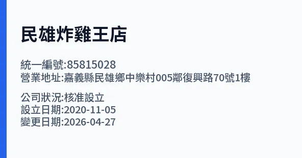民雄炸雞王店的照片-統編 85815028(嘉義縣) 公司登記資料與營業項目詳細圖表