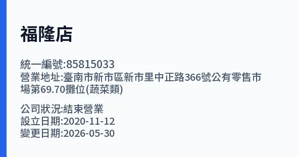福隆店的照片-統編 85815033(臺南市) 公司登記資料與營業項目詳細圖表