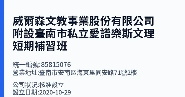 威爾森文教事業股份有限公司附設臺南市私立愛譜樂斯文理短期補習班的照片-統編 85815076(臺南市) 公司登記資料與營業項目詳細圖表
