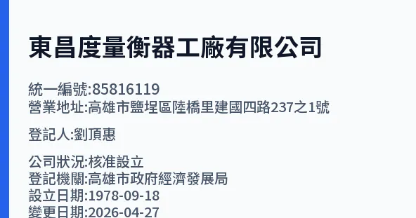 東昌度量衡器工廠有限公司的照片-統編 85816119(高雄市) 公司登記資料與營業項目詳細圖表