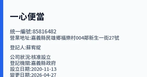 一心便當的照片-統編 85816482(嘉義縣) 公司登記資料與營業項目詳細圖表