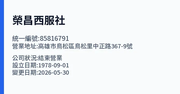 榮昌西服社的照片-統編 85816791(高雄市) 公司登記資料與營業項目詳細圖表