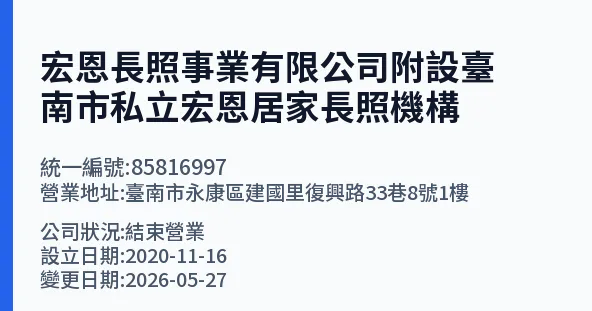 宏恩長照事業有限公司附設臺南市私立宏恩居家長照機構的照片-統編 85816997(臺南市) 公司登記資料與營業項目詳細圖表
