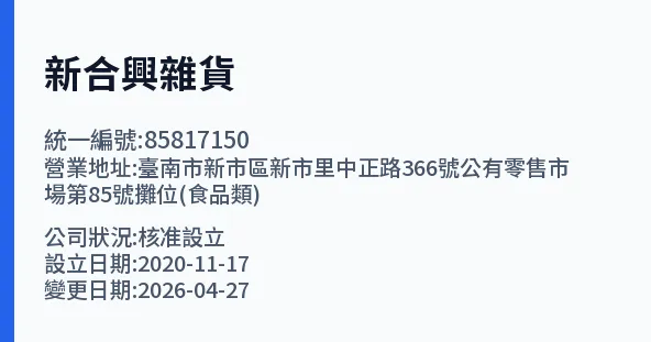 新合興雜貨的照片-統編 85817150(臺南市) 公司登記資料與營業項目詳細圖表