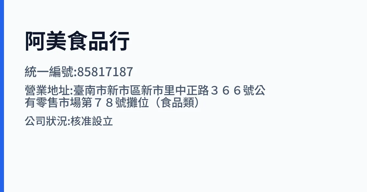 阿美食品行 - 統編 85817187(臺南市) 公司登記資料與營業項目詳細圖表