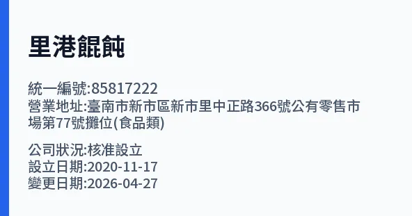 里港餛飩的照片-統編 85817222(臺南市) 公司登記資料與營業項目詳細圖表