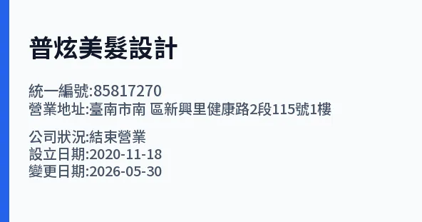 普炫美髮設計的照片-統編 85817270(臺南市) 公司登記資料與營業項目詳細圖表