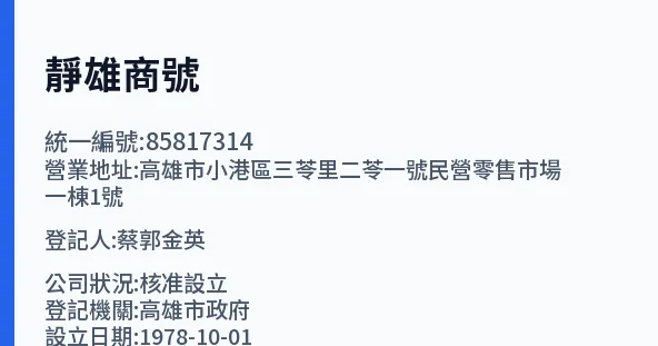 靜雄商號的照片-統編 85817314(高雄市) 公司登記資料與營業項目詳細圖表