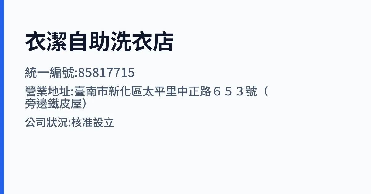 衣潔自助洗衣店 - 統編 85817715(臺南市) 公司登記資料與營業項目詳細圖表