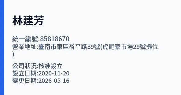 林建芳的照片-統編 85818670(臺南市) 公司登記資料與營業項目詳細圖表
