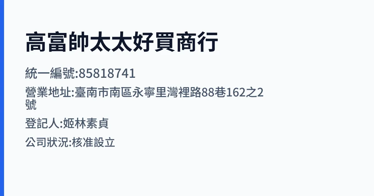 高富帥太太好買商行 - 統編 85818741(臺南市) 公司登記資料與營業項目詳細圖表