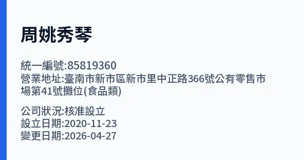 周姚秀琴的照片-統編 85819360(臺南市) 公司登記資料與營業項目詳細圖表