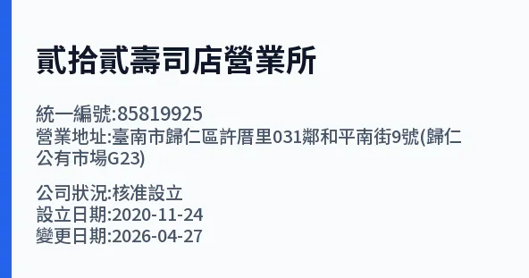 貳拾貳壽司店營業所的照片-統編 85819925(臺南市) 公司登記資料與營業項目詳細圖表
