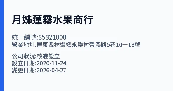 月姊蓮霧水果商行的照片-統編 85821008(屏東縣) 公司登記資料與營業項目詳細圖表