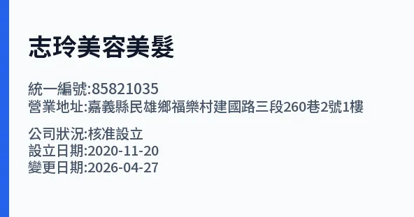 志玲美容美髮的照片-統編 85821035(嘉義縣) 公司登記資料與營業項目詳細圖表