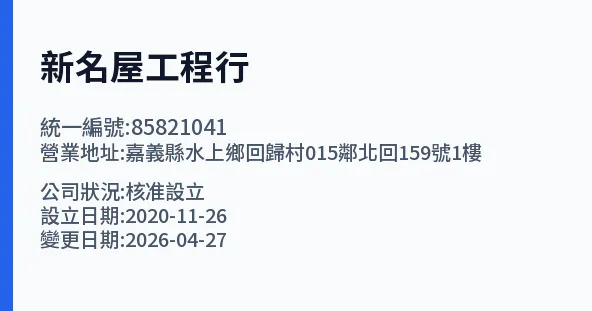 新名屋工程行的照片-統編 85821041(嘉義縣) 公司登記資料與營業項目詳細圖表