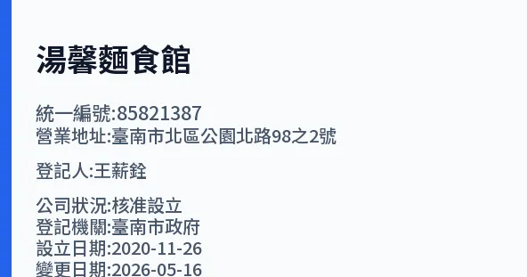 湯馨麵食館的照片-統編 85821387(臺南市) 公司登記資料與營業項目詳細圖表