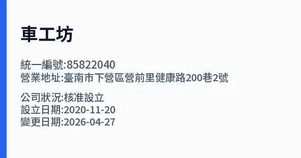 車工坊的照片-統編 85822040(臺南市) 公司登記資料與營業項目詳細圖表
