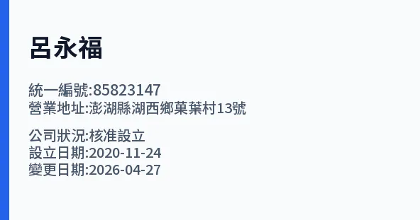 呂永福的照片-統編 85823147(澎湖縣) 公司登記資料與營業項目詳細圖表