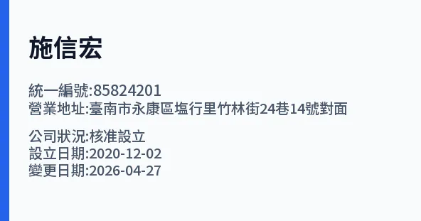施信宏的照片-統編 85824201(臺南市) 公司登記資料與營業項目詳細圖表