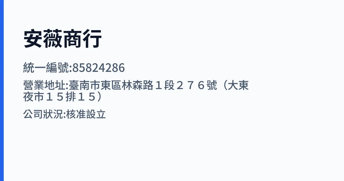安薇商行 - 統編 85824286(臺南市) 公司登記資料與營業項目詳細圖表