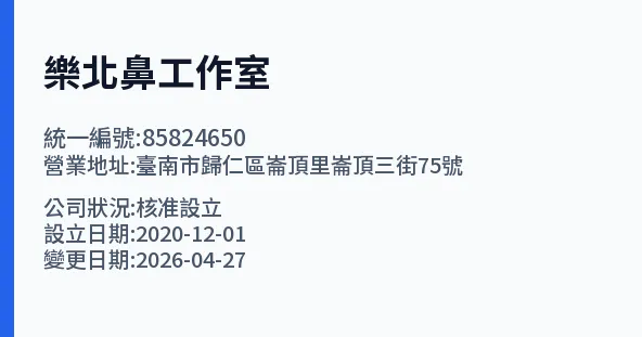 樂北鼻工作室的照片-統編 85824650(臺南市) 公司登記資料與營業項目詳細圖表