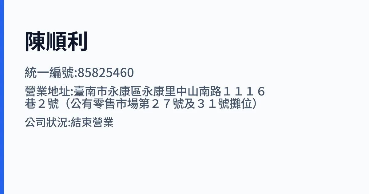 陳順利 - 統編 85825460(臺南市) 公司登記資料與營業項目詳細圖表