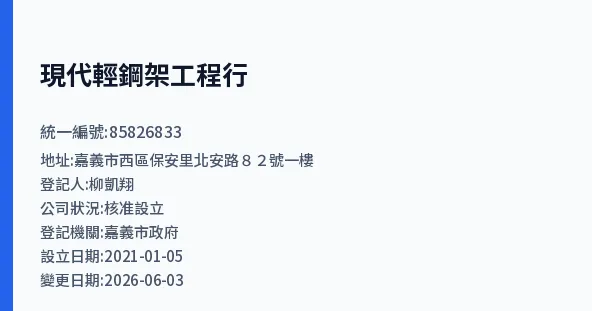 現代輕鋼架工程行的照片-統編 85826833(嘉義市) 公司登記資料與營業項目詳細圖表