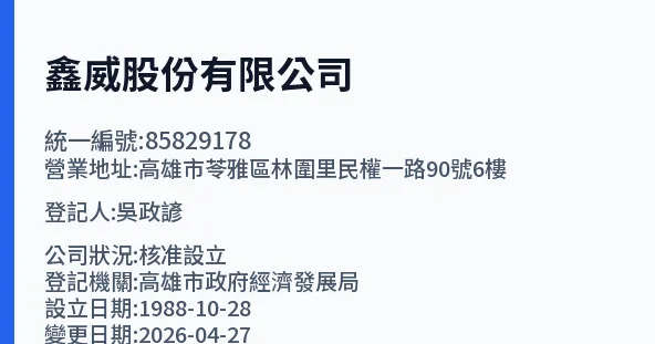 鑫威股份有限公司的照片-統編 85829178(高雄市) 公司登記資料與營業項目詳細圖表