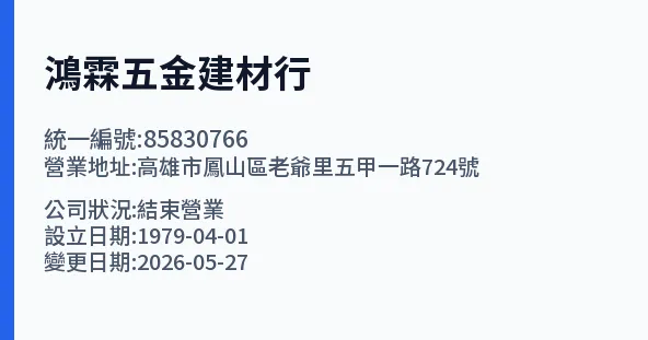 鴻霖五金建材行的照片-統編 85830766(高雄市) 公司登記資料與營業項目詳細圖表