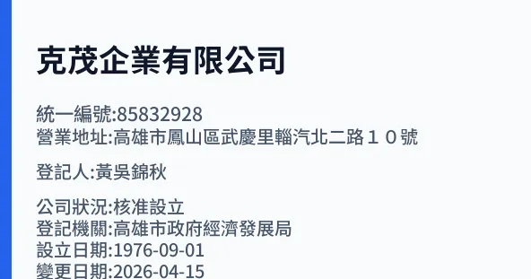 克茂企業有限公司的照片-統編 85832928(高雄市) 公司登記資料與營業項目詳細圖表