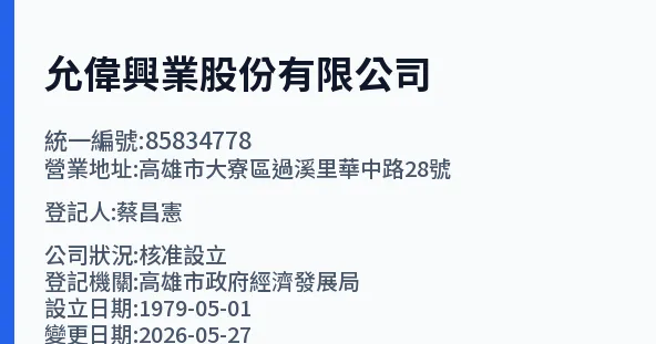 允偉興業股份有限公司的照片-統編 85834778(高雄市) 公司登記資料與營業項目詳細圖表