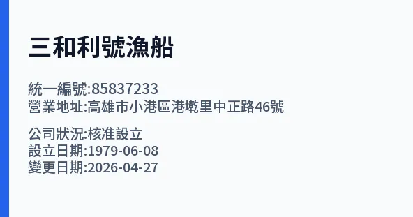 三和利號漁船的照片-統編 85837233(高雄市) 公司登記資料與營業項目詳細圖表