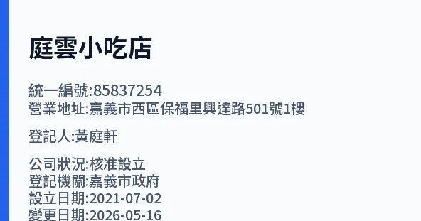庭雲小吃店的照片-統編 85837254(嘉義市) 公司登記資料與營業項目詳細圖表