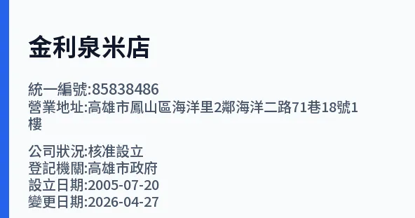 金利泉米店的照片-統編 85838486(高雄市) 公司登記資料與營業項目詳細圖表
