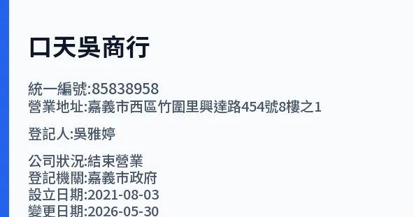 口天吳商行的照片-統編 85838958(嘉義市) 公司登記資料與營業項目詳細圖表