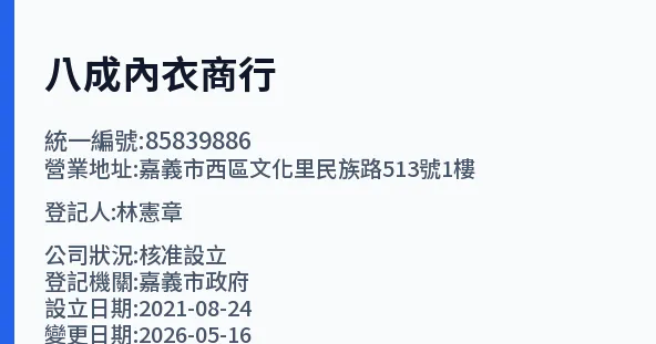 八成內衣商行的照片-統編 85839886(嘉義市) 公司登記資料與營業項目詳細圖表