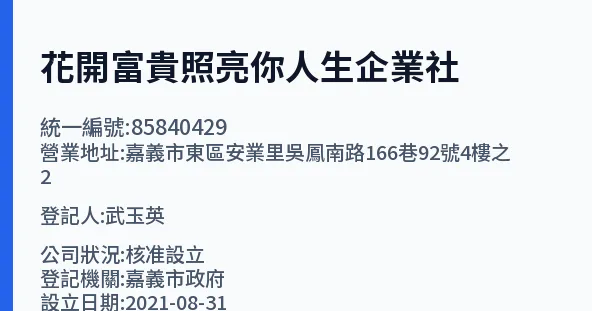 花開富貴照亮你人生企業社的照片-統編 85840429(嘉義市) 公司登記資料與營業項目詳細圖表