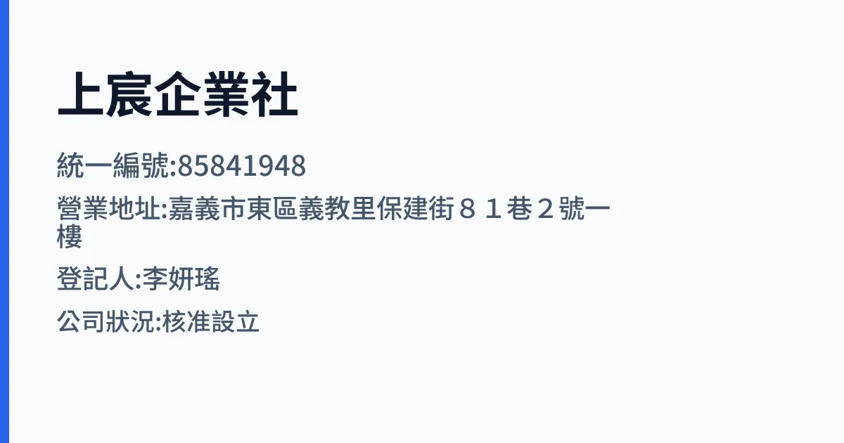 上宸企業社 - 統編 85841948(嘉義市) 公司登記資料與營業項目詳細圖表