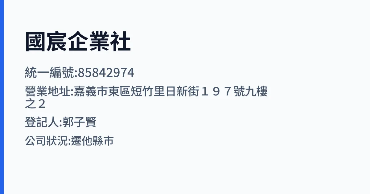國宸企業社 - 統編 85842974(嘉義縣) 公司登記資料與營業項目詳細圖表