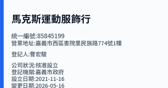 馬克斯運動服飾行的照片-統編 85845199(嘉義市) 公司登記資料與營業項目詳細圖表