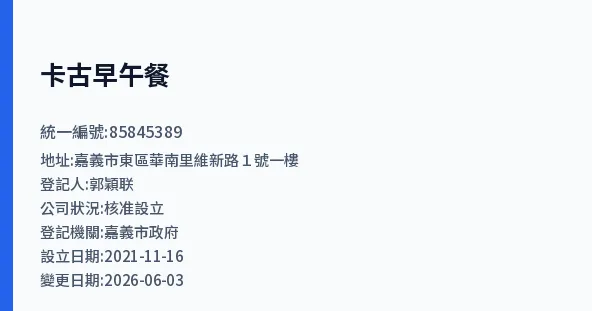 卡古早午餐的照片-統編 85845389(嘉義市) 公司登記資料與營業項目詳細圖表