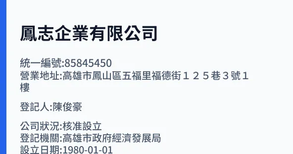 鳳志企業有限公司的照片-統編 85845450(高雄市) 公司登記資料與營業項目詳細圖表