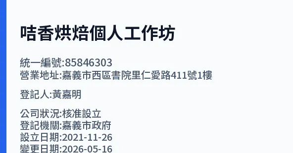 咭香烘焙個人工作坊的照片-統編 85846303(嘉義市) 公司登記資料與營業項目詳細圖表