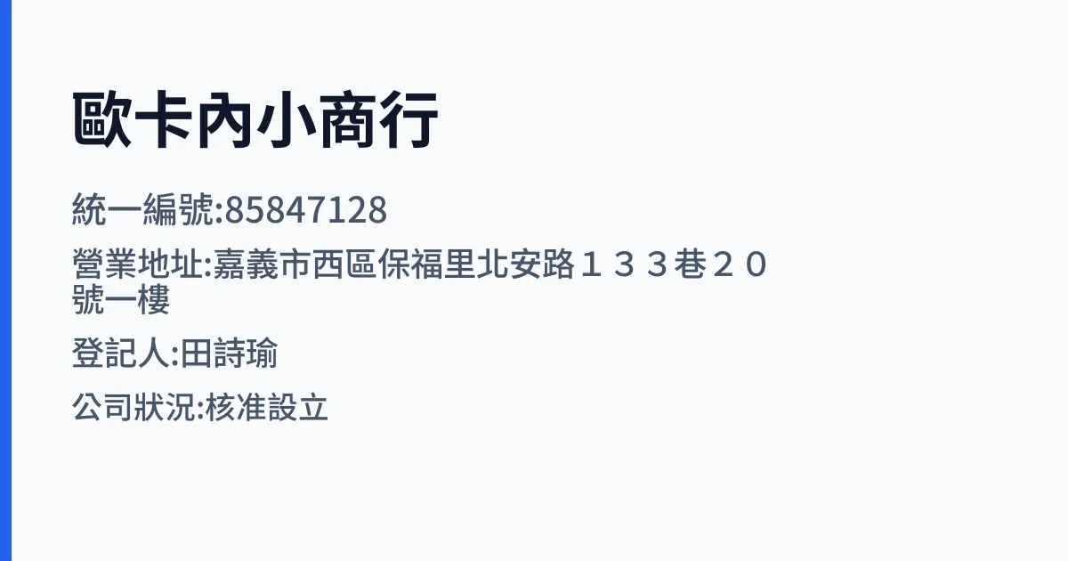 歐卡內小商行 - 統編 85847128(嘉義市) 公司登記資料與營業項目詳細圖表