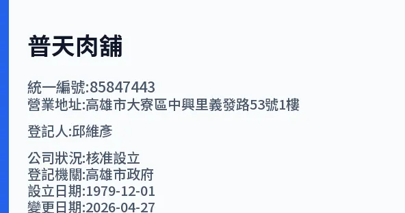 普天肉舖的照片-統編 85847443(高雄市) 公司登記資料與營業項目詳細圖表