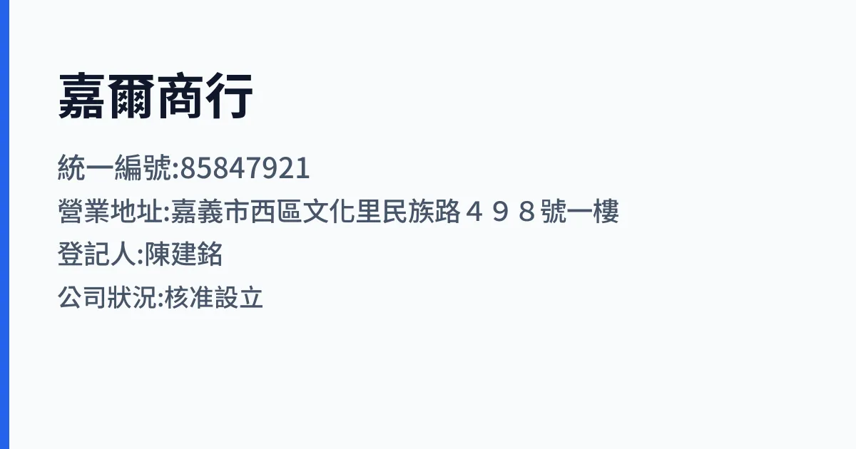 嘉爾商行 - 統編 85847921(嘉義市) 公司登記資料與營業項目詳細圖表