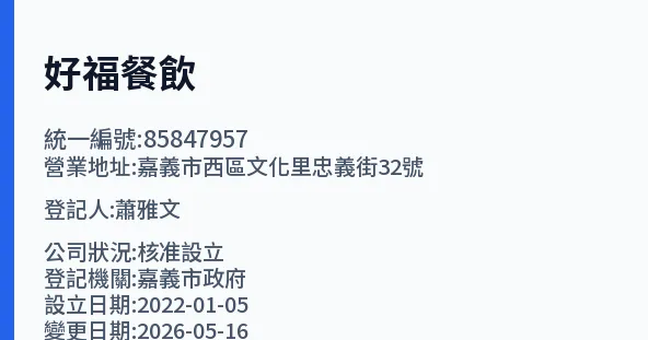 好福餐飲的照片-統編 85847957(嘉義市) 公司登記資料與營業項目詳細圖表