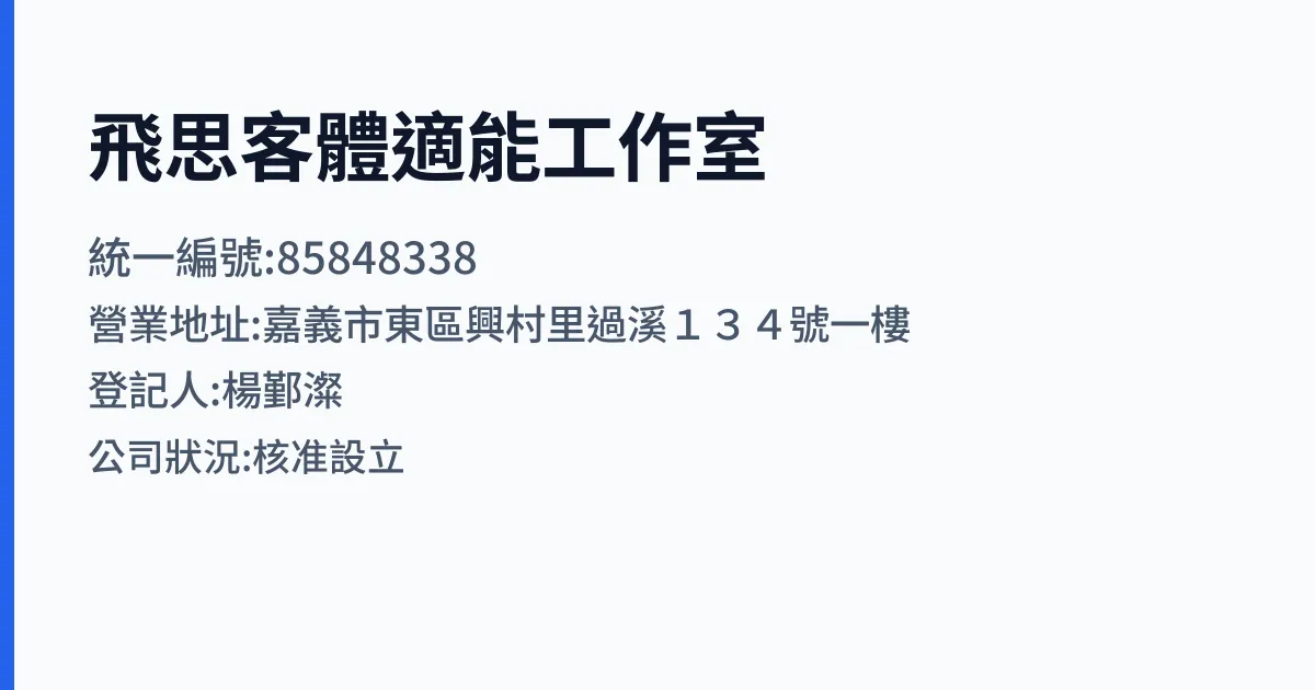 飛思客體適能工作室 - 統編 85848338(嘉義市) 公司登記資料與營業項目詳細圖表