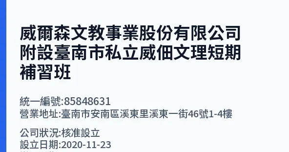 威爾森文教事業股份有限公司附設臺南市私立威佃文理短期補習班的照片-統編 85848631(臺南市) 公司登記資料與營業項目詳細圖表